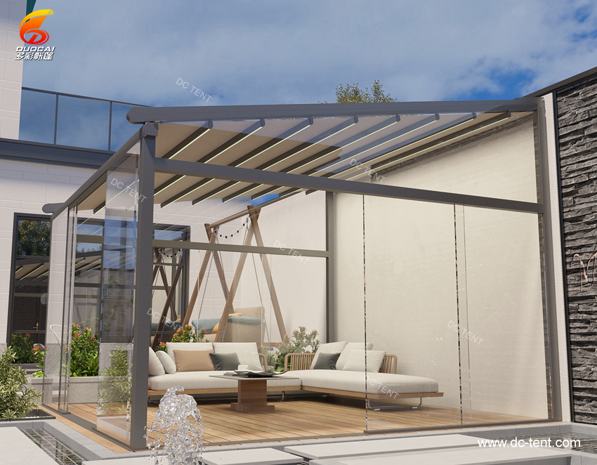 Waterproof and UV protect Led light Motorized Retractable roof pergolas