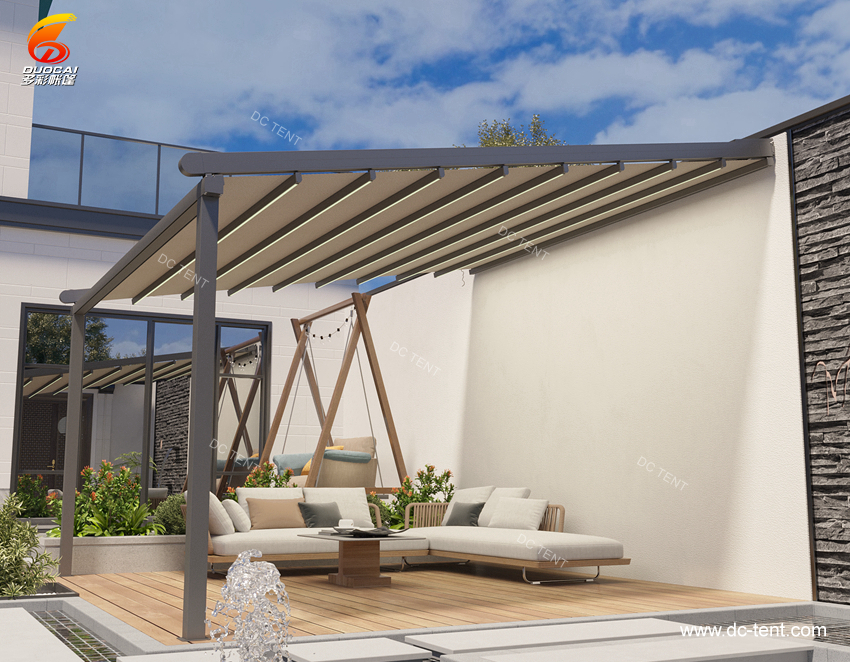 Waterproof and UV protect Led light Motorized Retractable roof pergolas